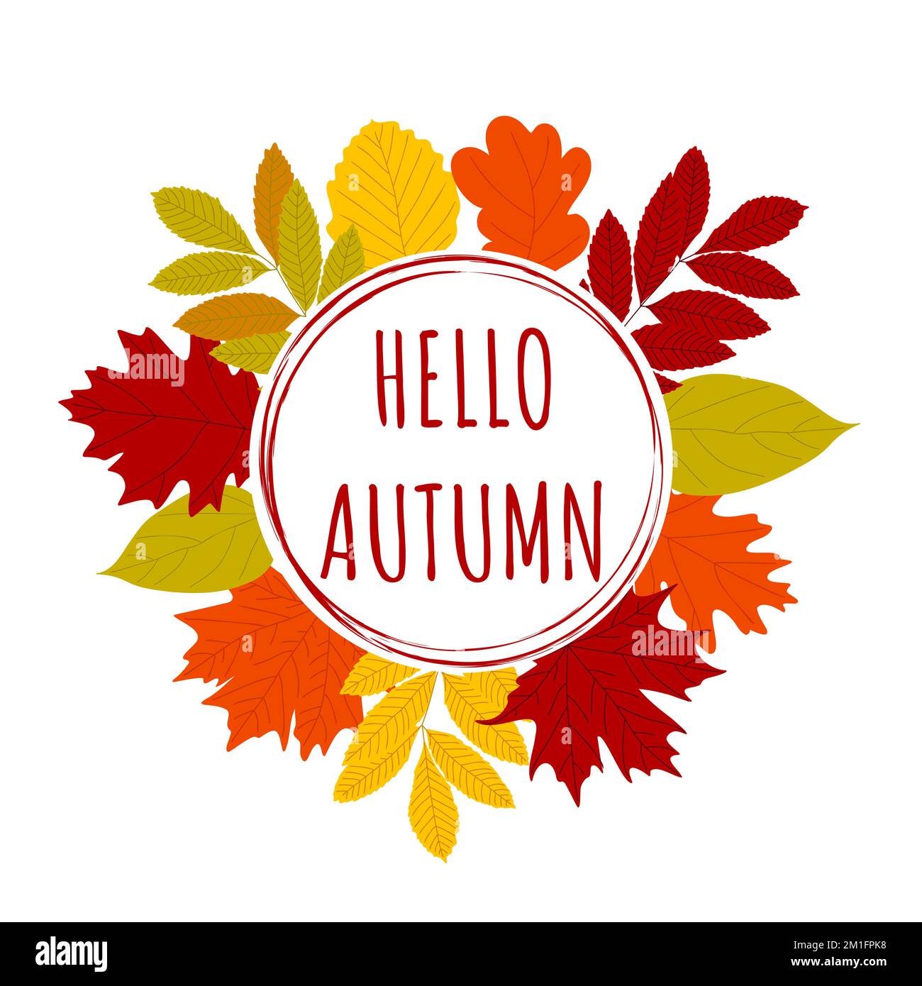 Hello autumn circle frame. Hand drawn different colored fall leaves ...