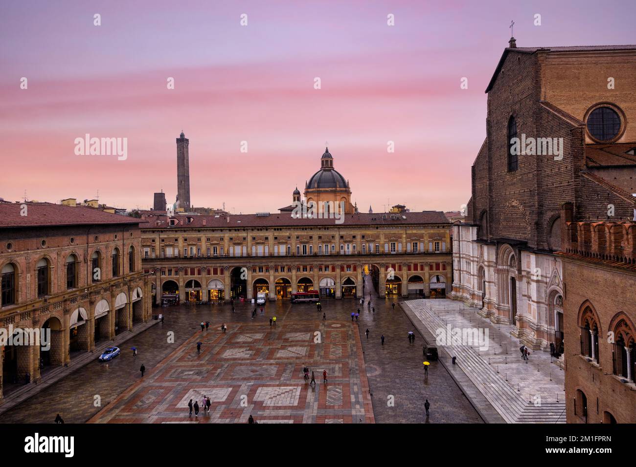 Top view from the drone of the Piazza Maggiore in the city of Bologna ...