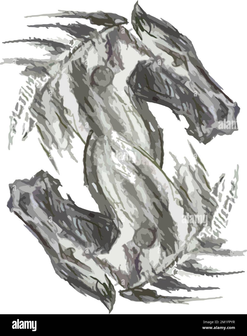 Double horse head symbol in gray tonality isolated on white. Wave ...