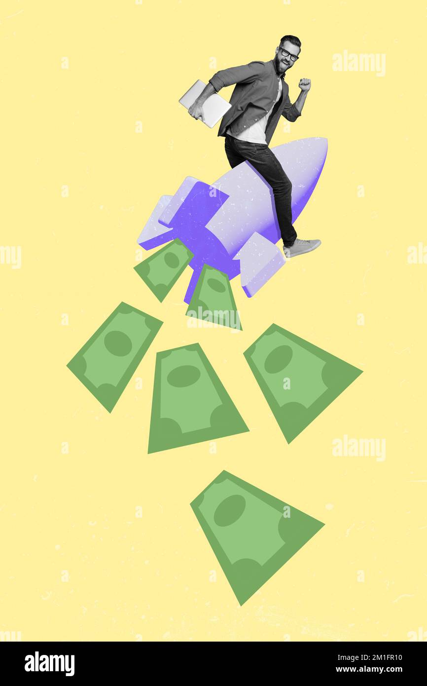 Vertical collage image of excited funny black white effect guy flying ...