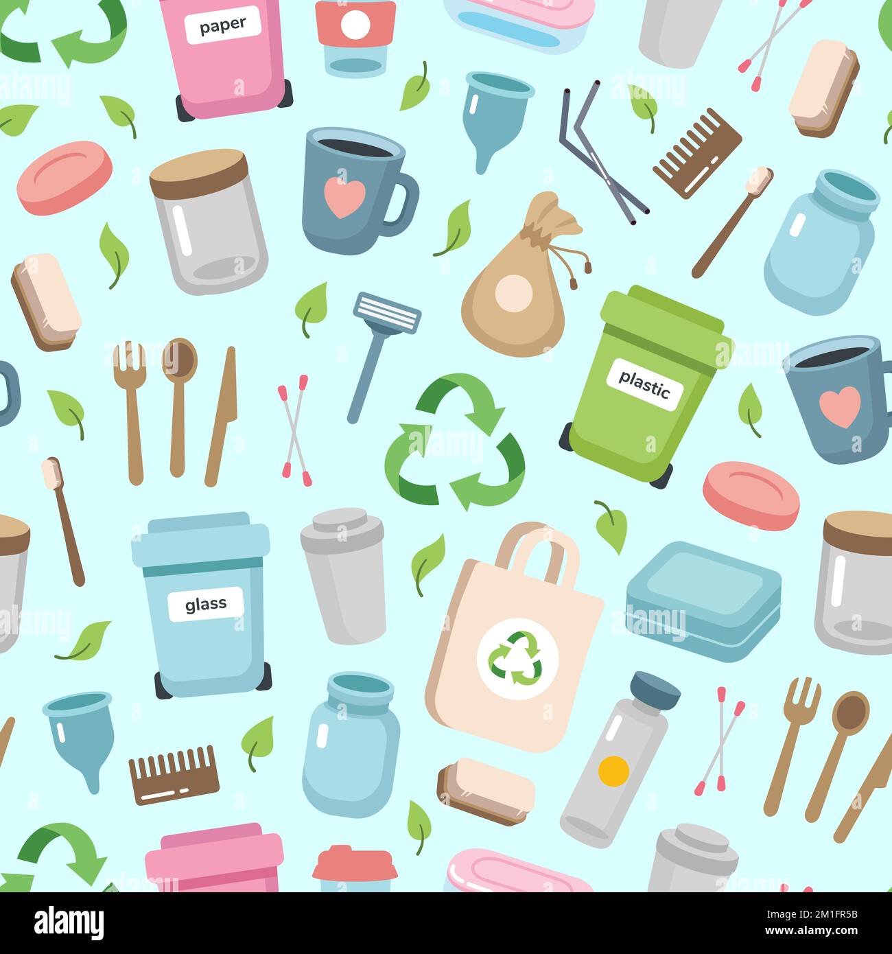 Zero waste concept seamless pattern with different elements. Sustainable lifestyle, ecological ...