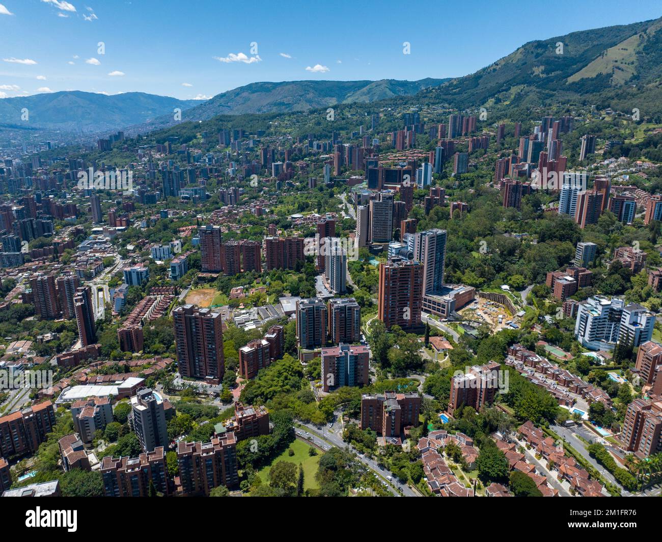 An aerial shot of a downtown El Poblado in Medellin, Colombia with ...