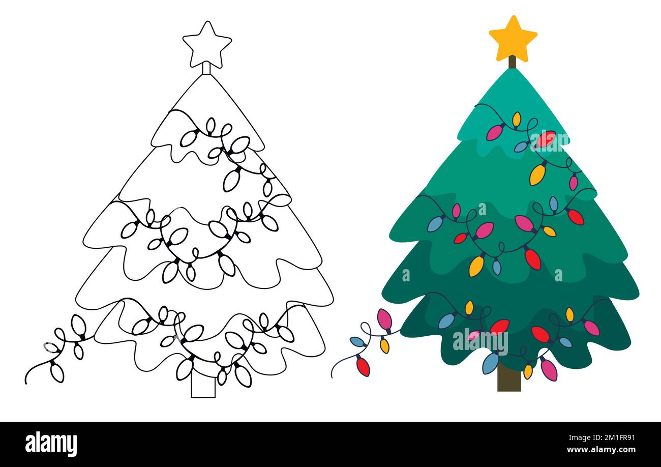 Vector Christmas tree coloring page colored illustration Stock Vector ...