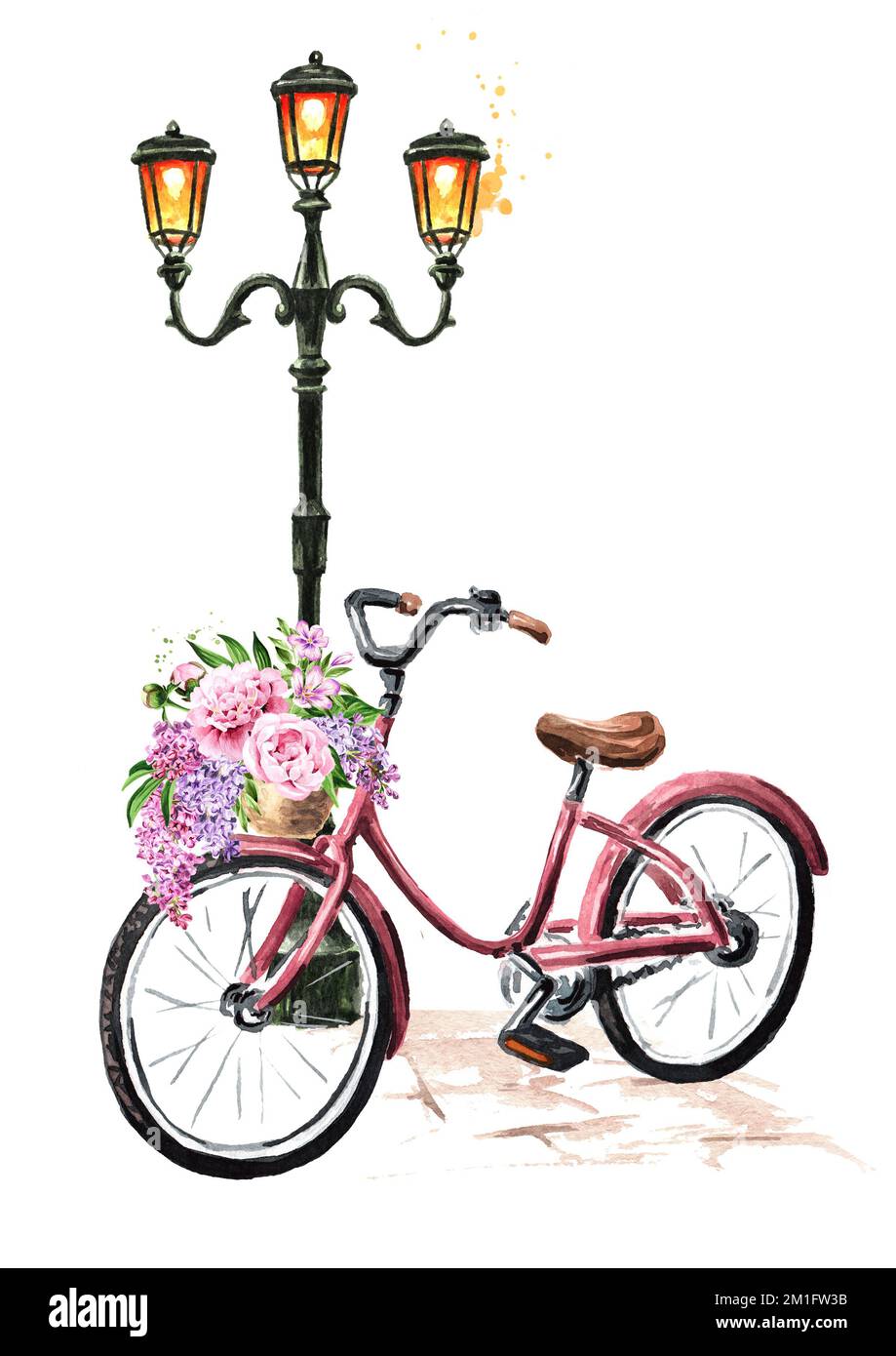 Bicycle with basket with bouquet of flowers near the lantern. Hand ...