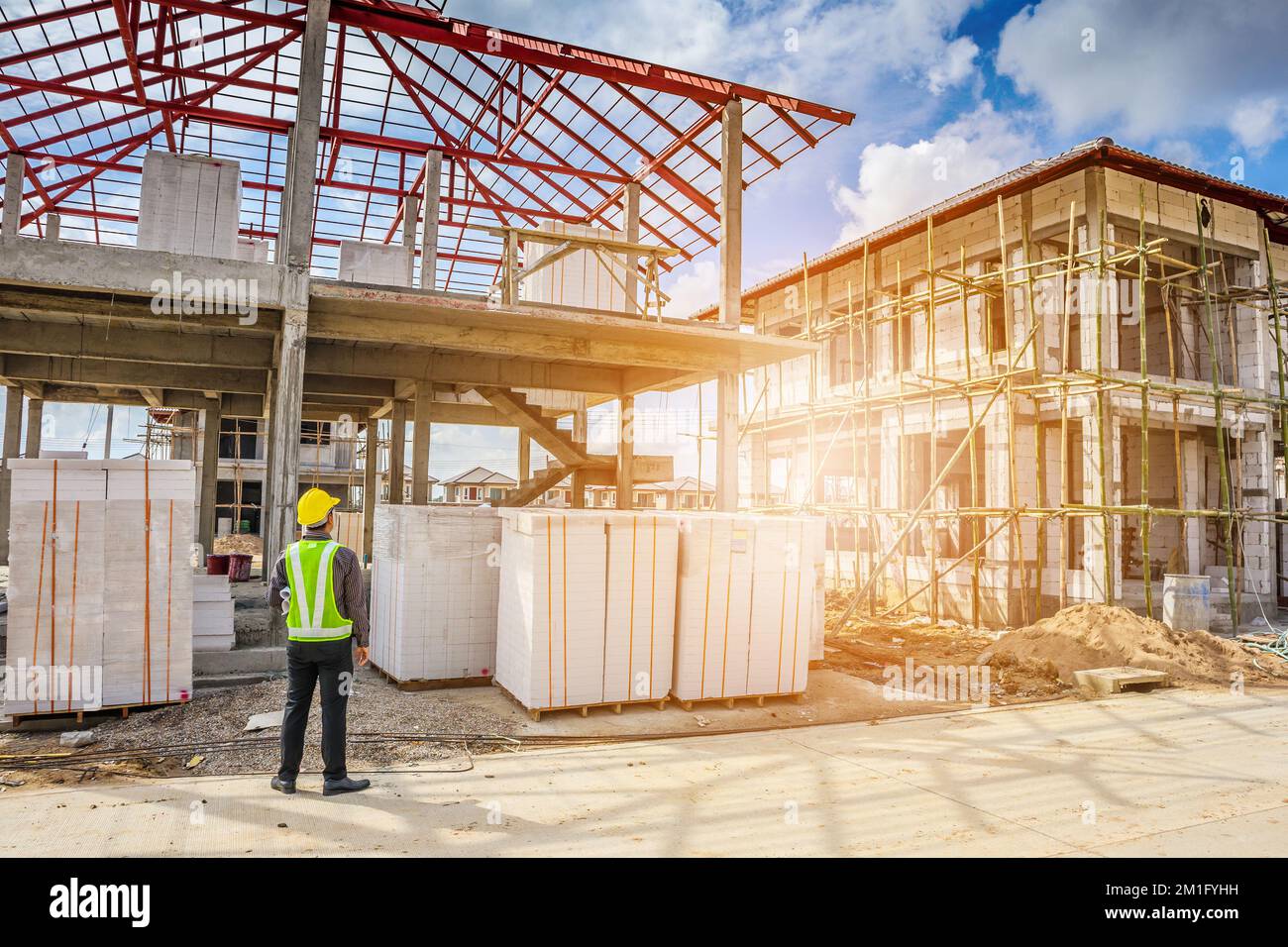 Asian business man construction engineer worker in protective helmet ...