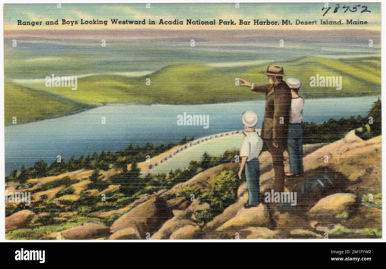 Ranger and boys looking Westward in Acadia National Park, Bar Harbor ...