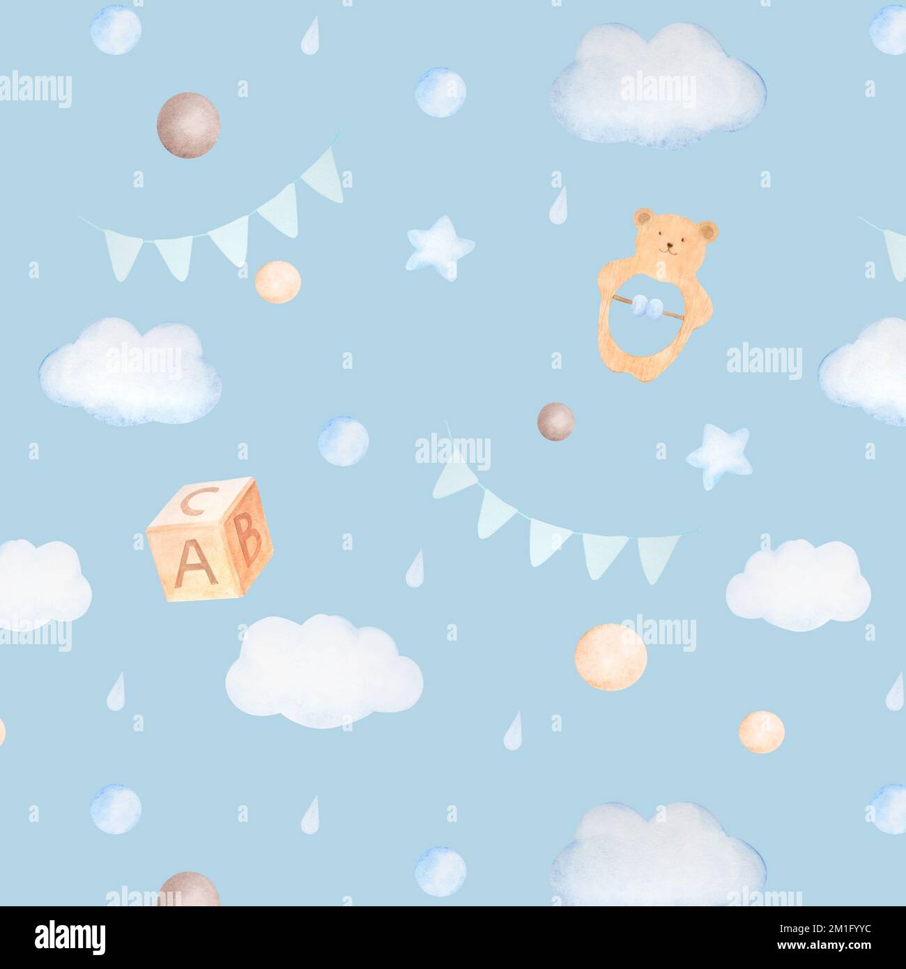 Watercolor seamless pattern with clouds, teething toy bear, cube, balls ...