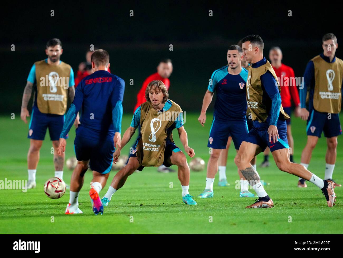 Croatia's Luka Modric (centre) during a training session at Al Ersal ...