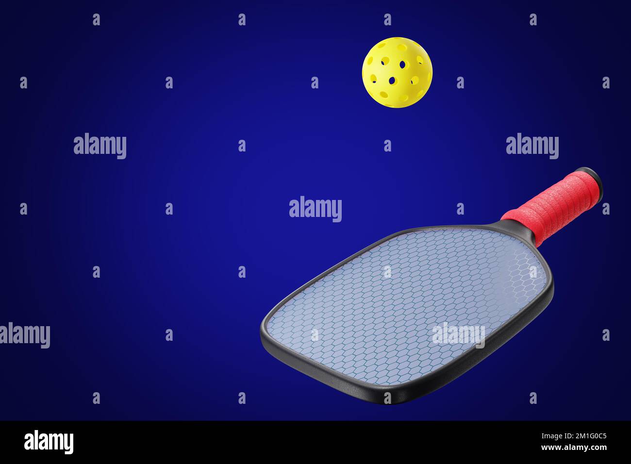 Racket paddle and ball with holes for pickleball on a blue background ...