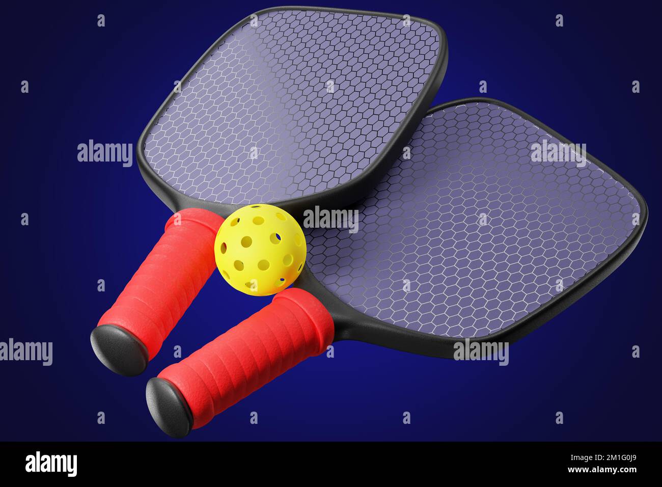 A ball with holes for a pickleball and two paddle rackets on a blue ...
