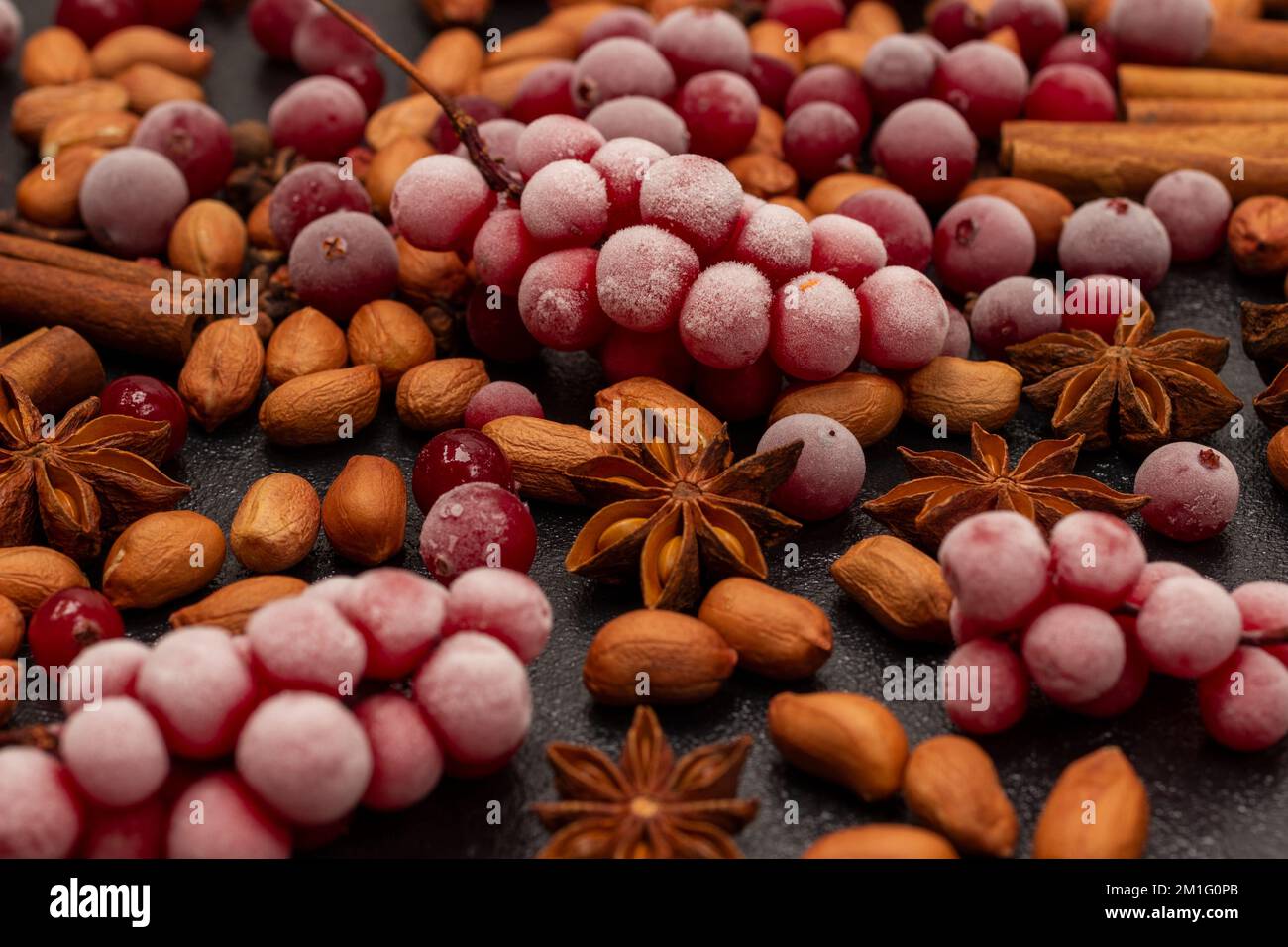 Frozen bunches of red berries, star anise and nuts. Close up. Black ...