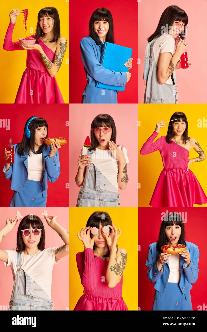 Collage. Young stylish girl in different clothes posing with different ...