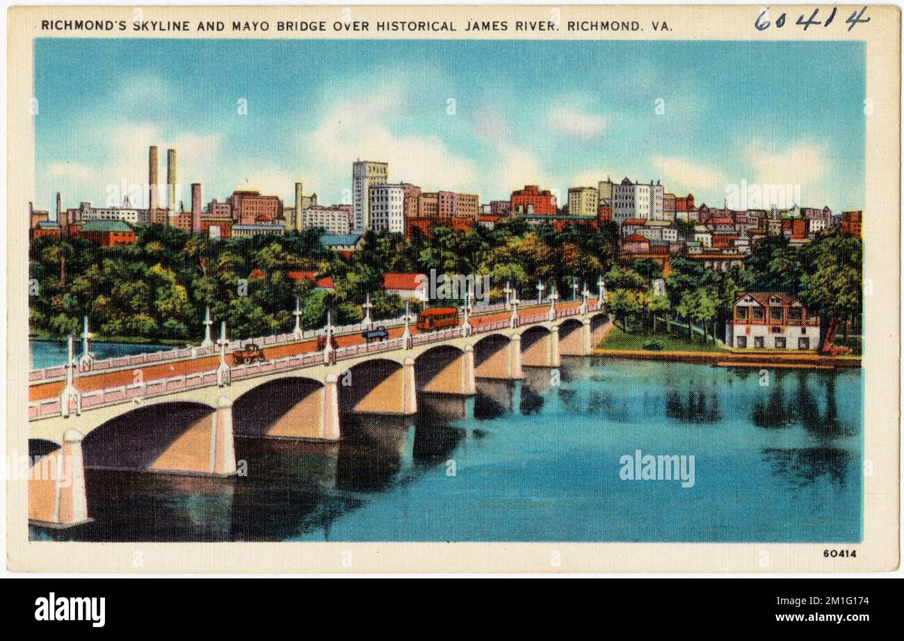 Richmond's skyline and Mayo Bridge over historical James River ...