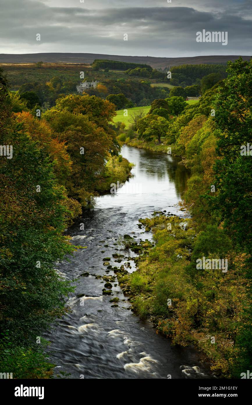 Autumn long-distance view upstream of River Wharfe, old historic Barden ...