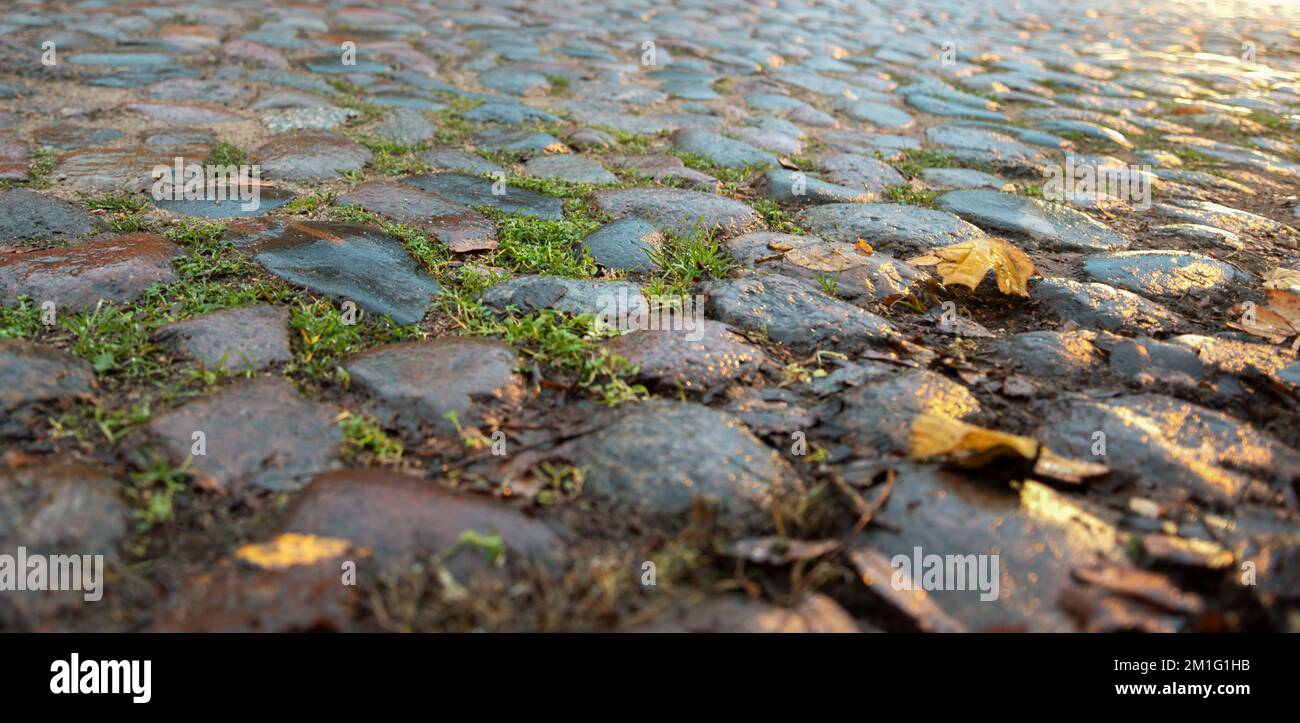A view of a cobblestone street in a small town Stock Photo - Alamy