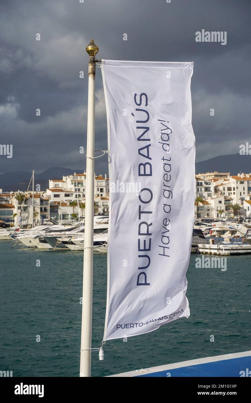 Promotional flag at Puerto Banus marina, exclusive port in Marbella ...