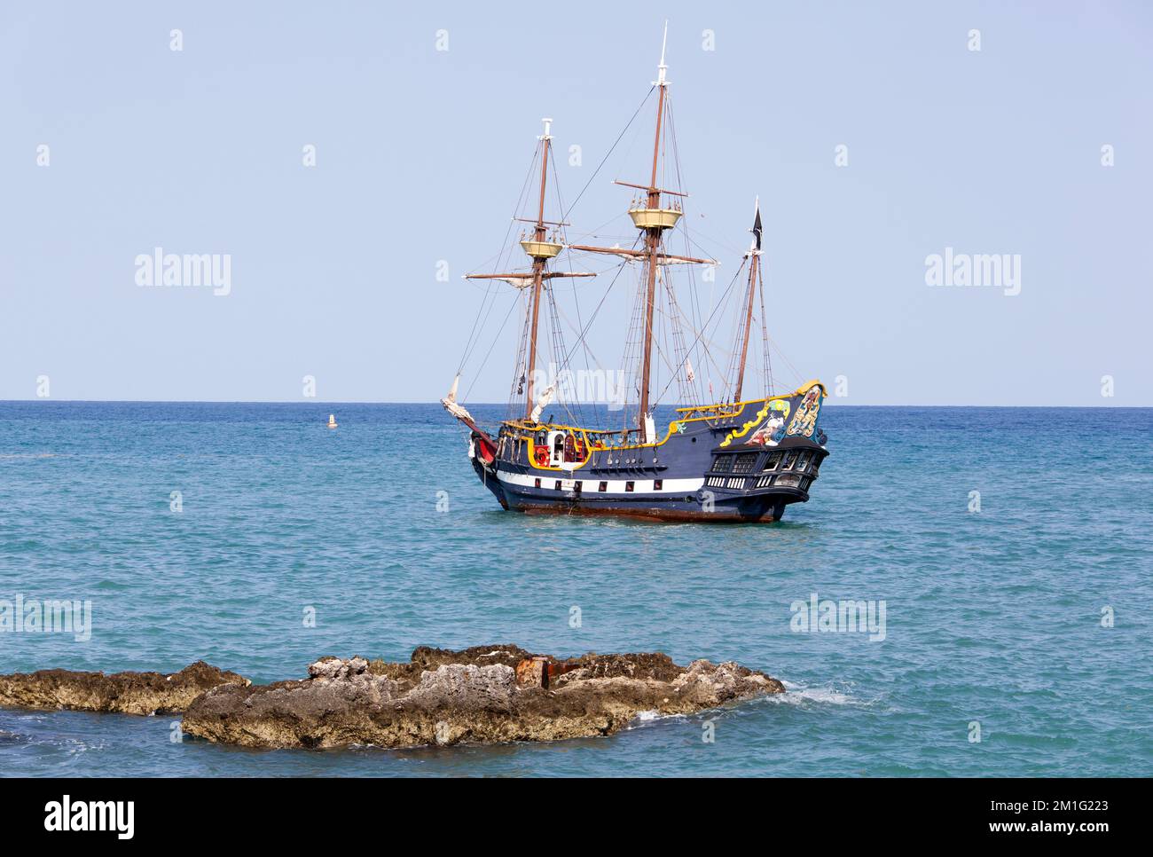 The drifting empty ship near Cozumel island shore, the replica of a ...