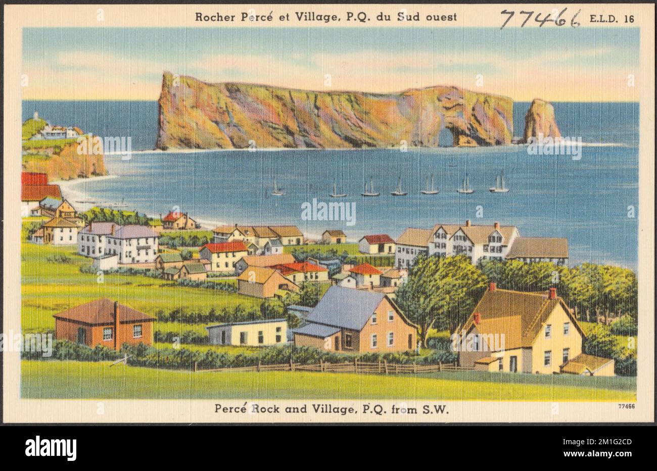 Rocher Percé et village, P.Q. du Sud ouest - Percé Rock and village, P ...