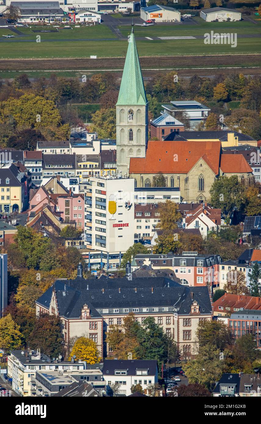 Aerial view, city center with former Isenbeck brewery site and evang ...