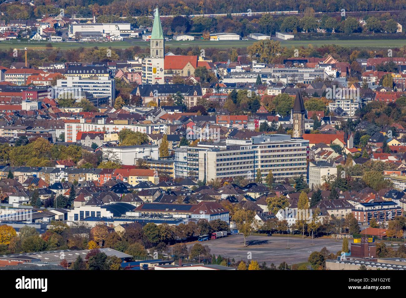 Aerial view, city center with former Isenbeck brewery site and evang ...