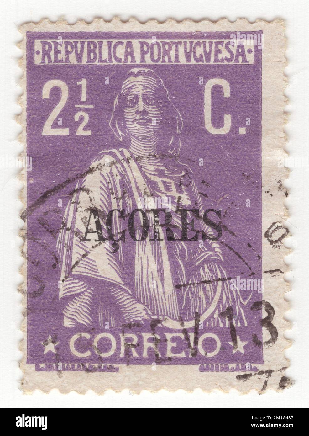 AZORES - CIRCA 1912: An old Azores used violet 2½ reis postage stamp ...