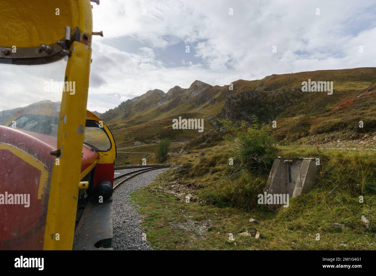 On board of the Petit train d Artouste riding through pyrenees mountain ...