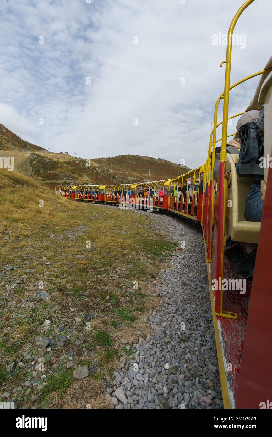 On board of the Petit train d Artouste riding through pyrenees mountain ...