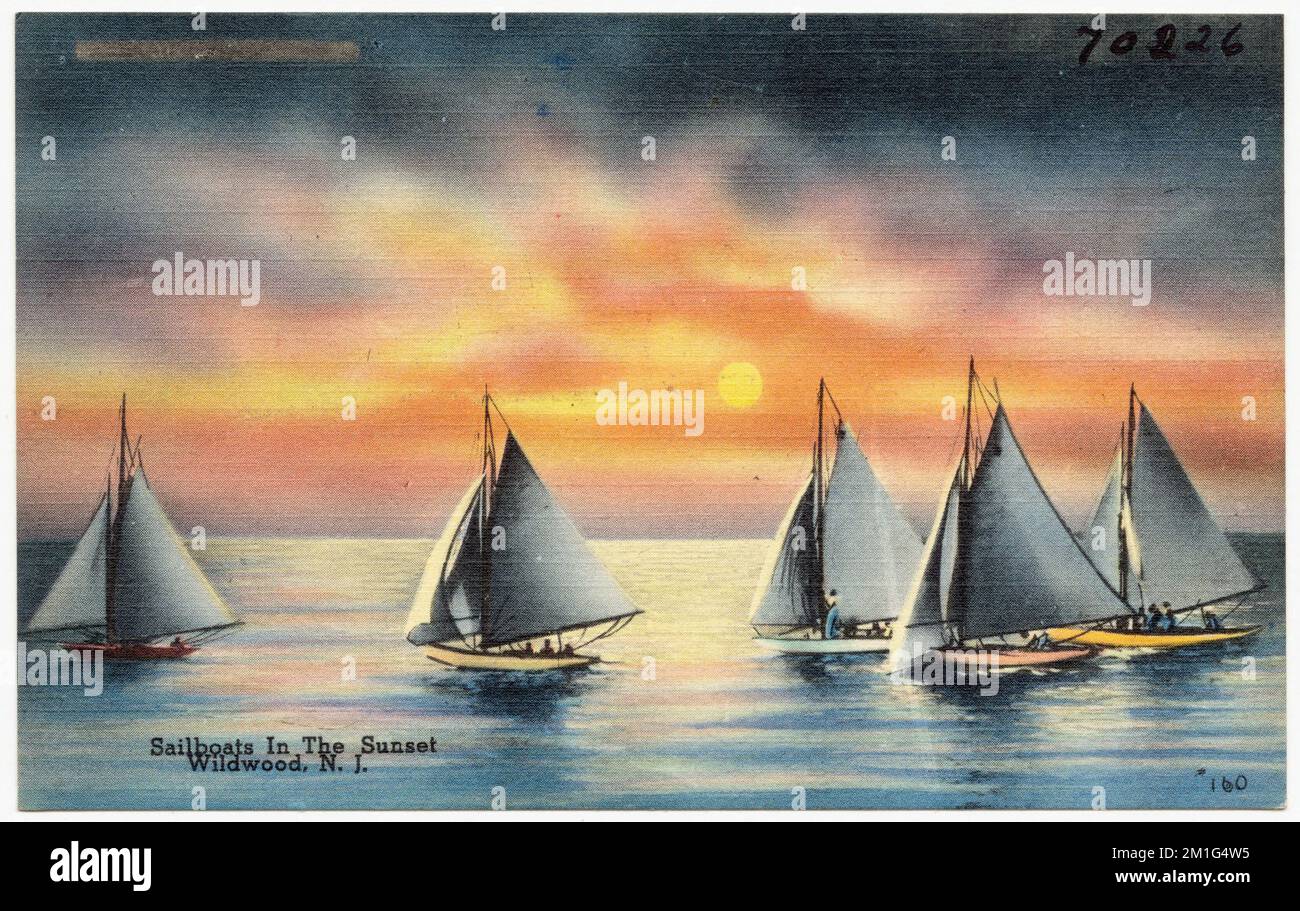 Sailboat in the sunset, Wildwood, N. J. , Boats, Seas, Tichnor Brothers ...