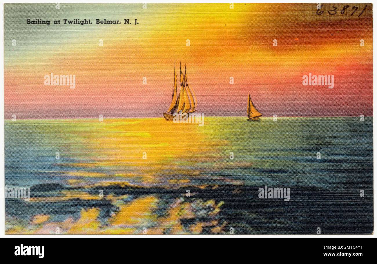 Sailing at twilight, Belmar, N. J. , Seas, Boats, Tichnor Brothers ...