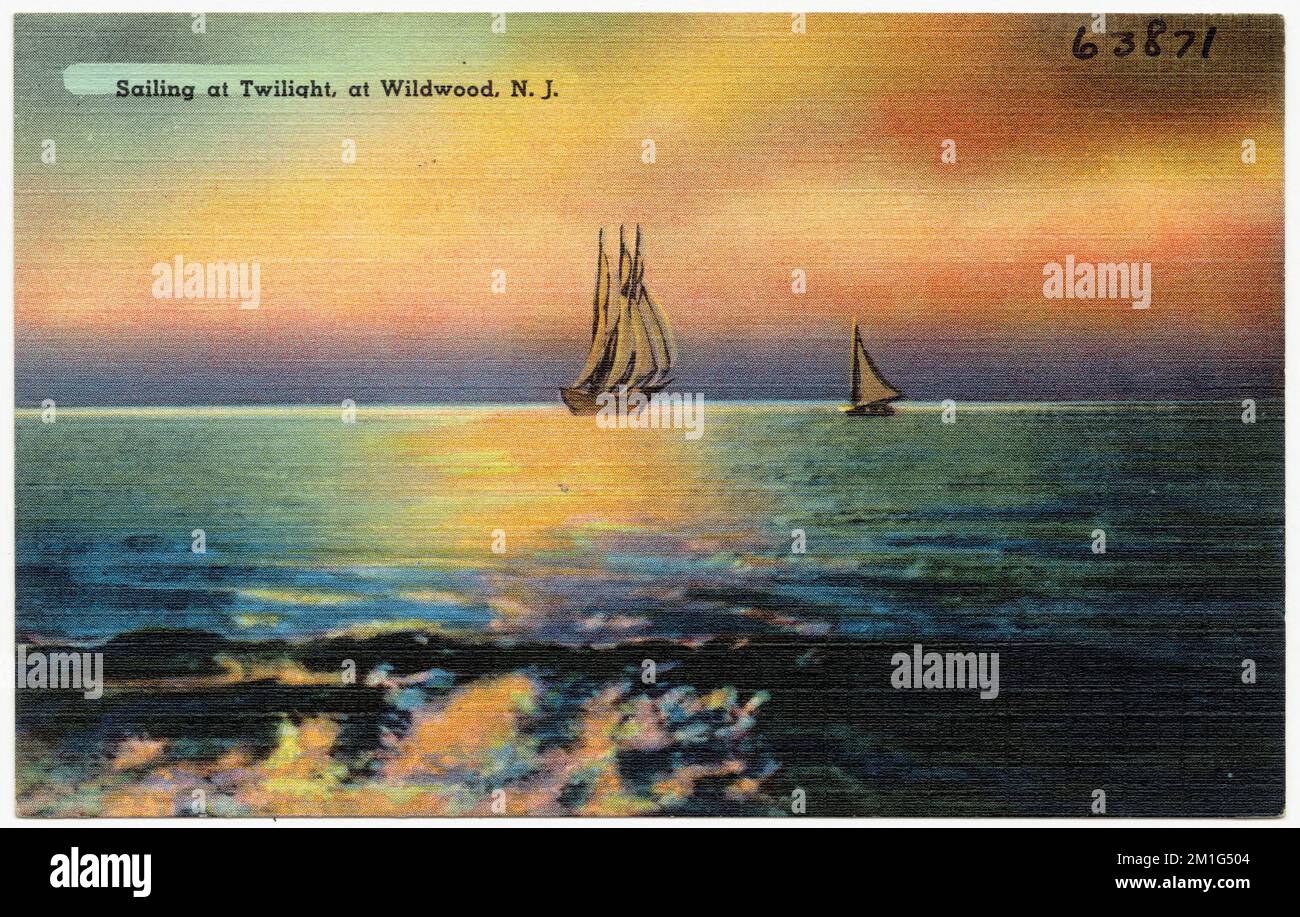 Sailing at twilight, at Wildwood, N. J. , Boats, Seas, Tichnor Brothers ...