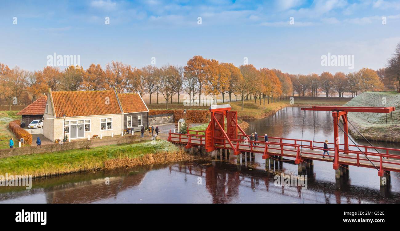 Panorama of the red bridge leading to the village of Bourtange ...