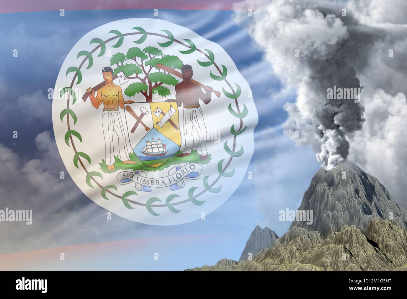 stratovolcano blast eruption at day time with white smoke on Belize ...