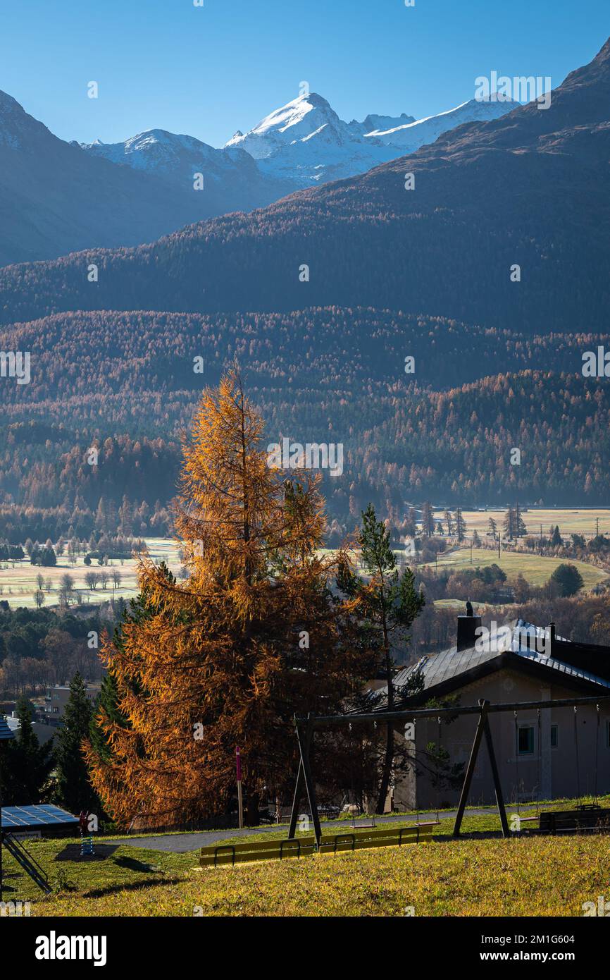 Magnificent views of the Engadin valley from the town of Samedan in ...
