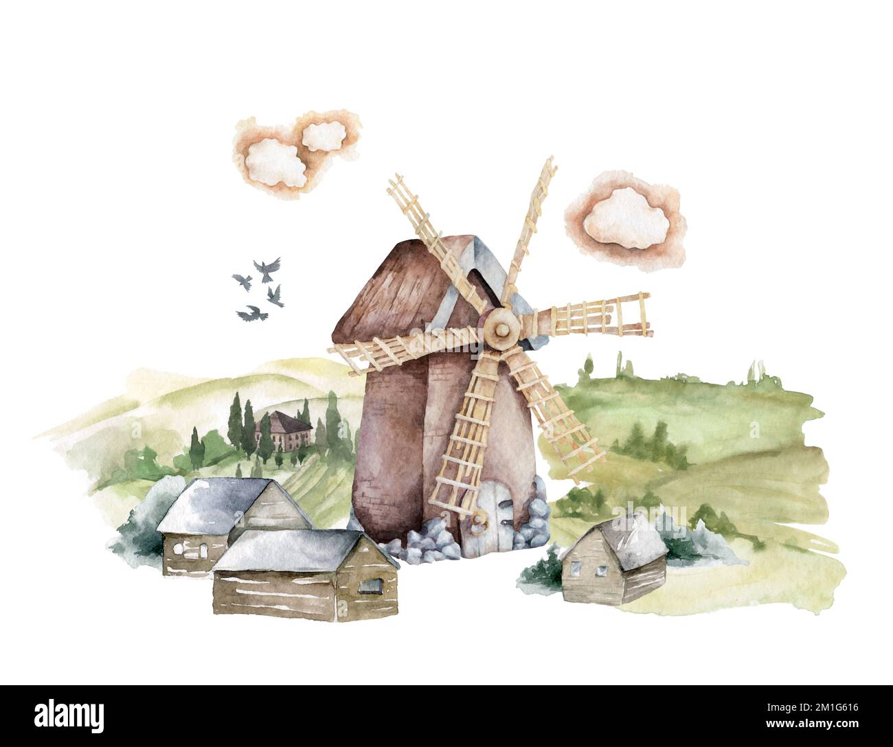 Mill watercolor landscape. Spring fields village Stock Photo - Alamy