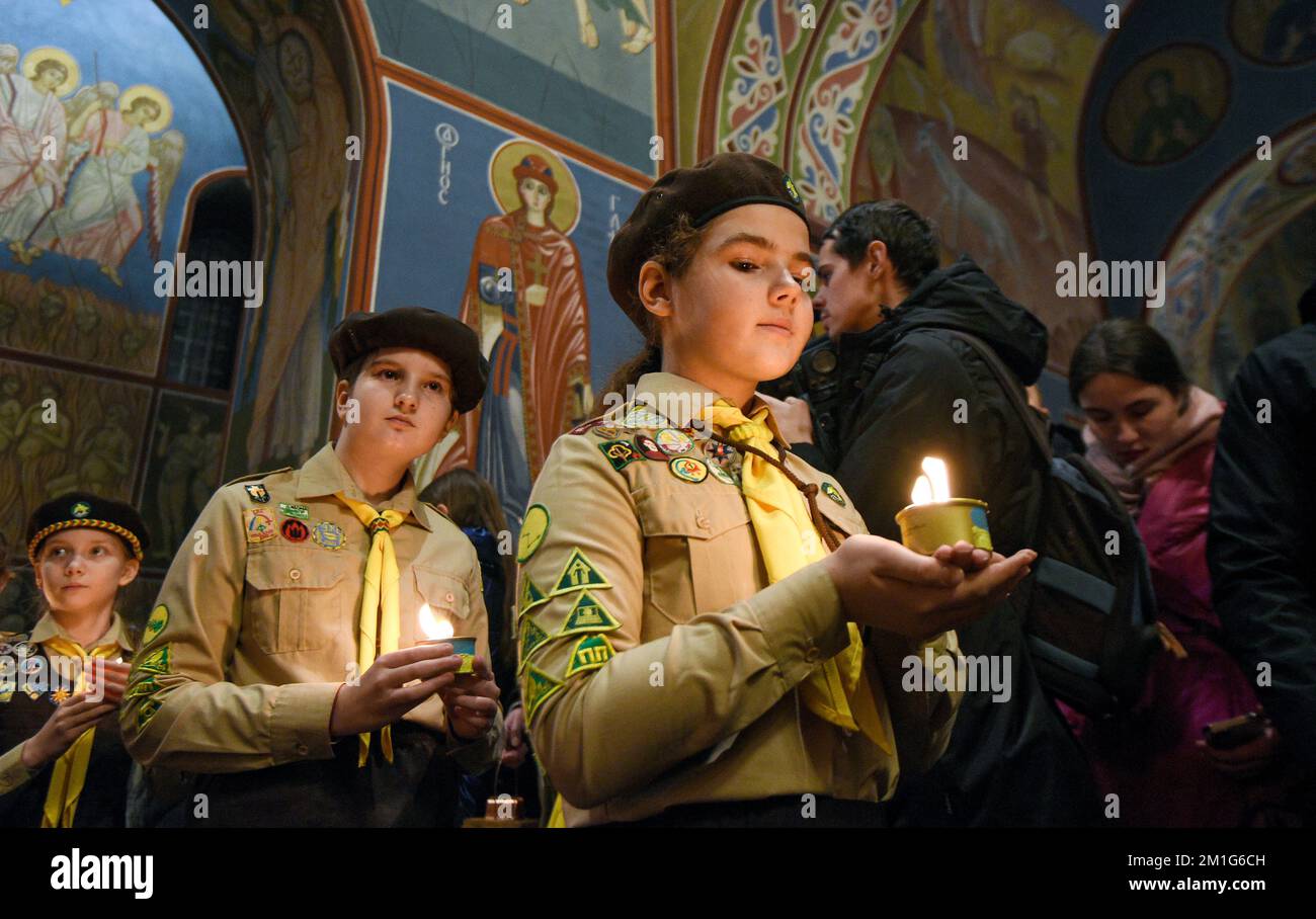 KYIV, UKRAINE - DECEMBER 11, 2022 - Members of the Plast National Scout ...
