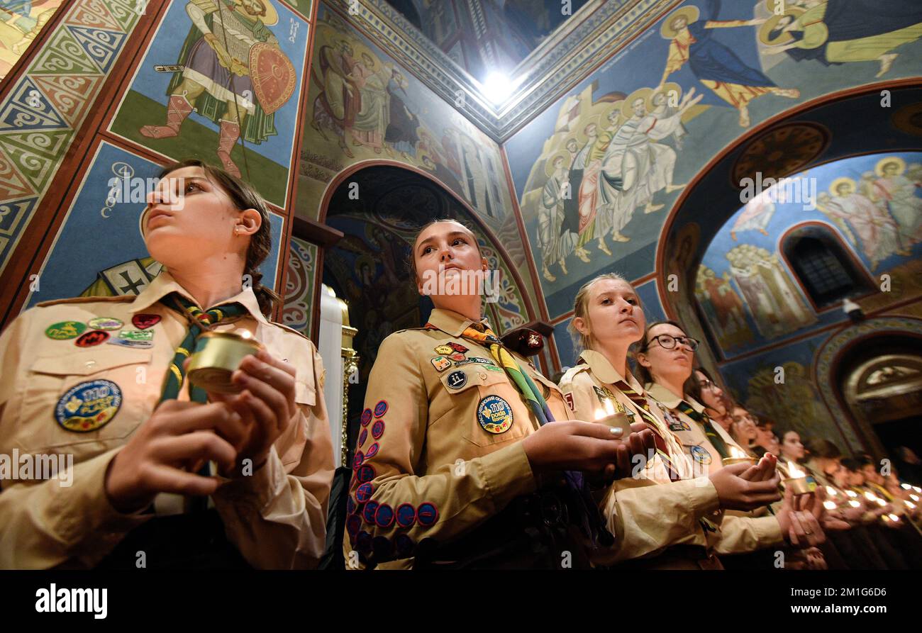 KYIV, UKRAINE - DECEMBER 11, 2022 - Members of the Plast National Scout ...