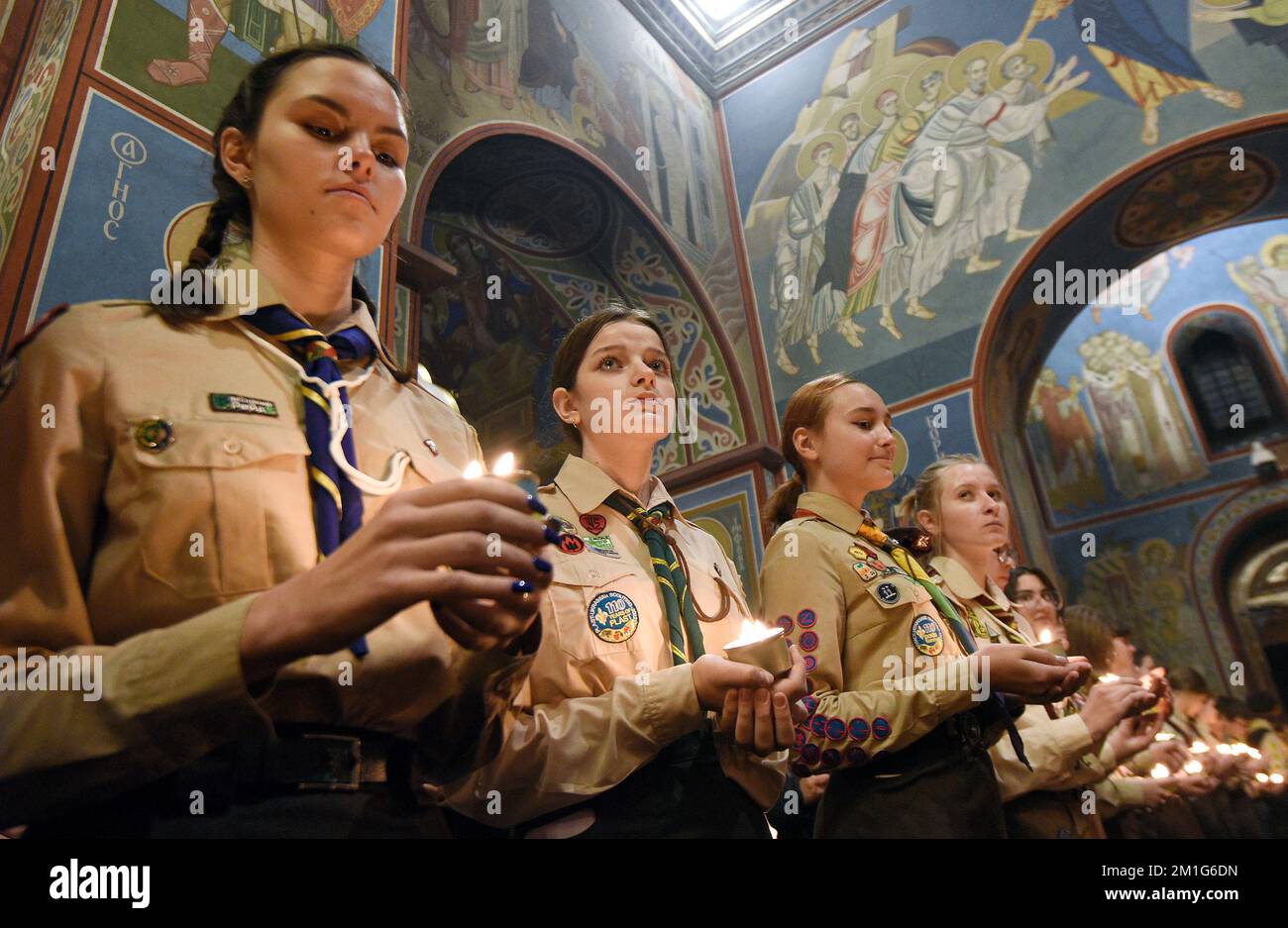 KYIV, UKRAINE - DECEMBER 11, 2022 - Members of the Plast National Scout ...