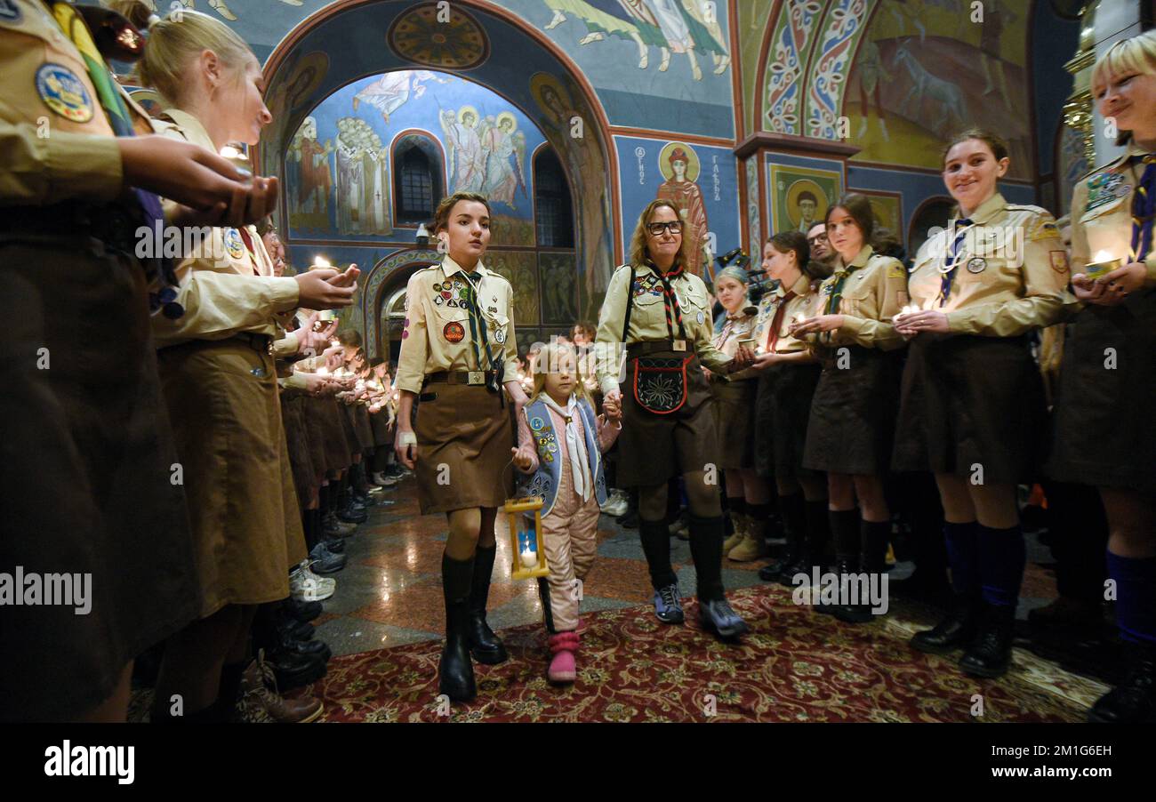 KYIV, UKRAINE - DECEMBER 11, 2022 - Members of the Plast National Scout ...