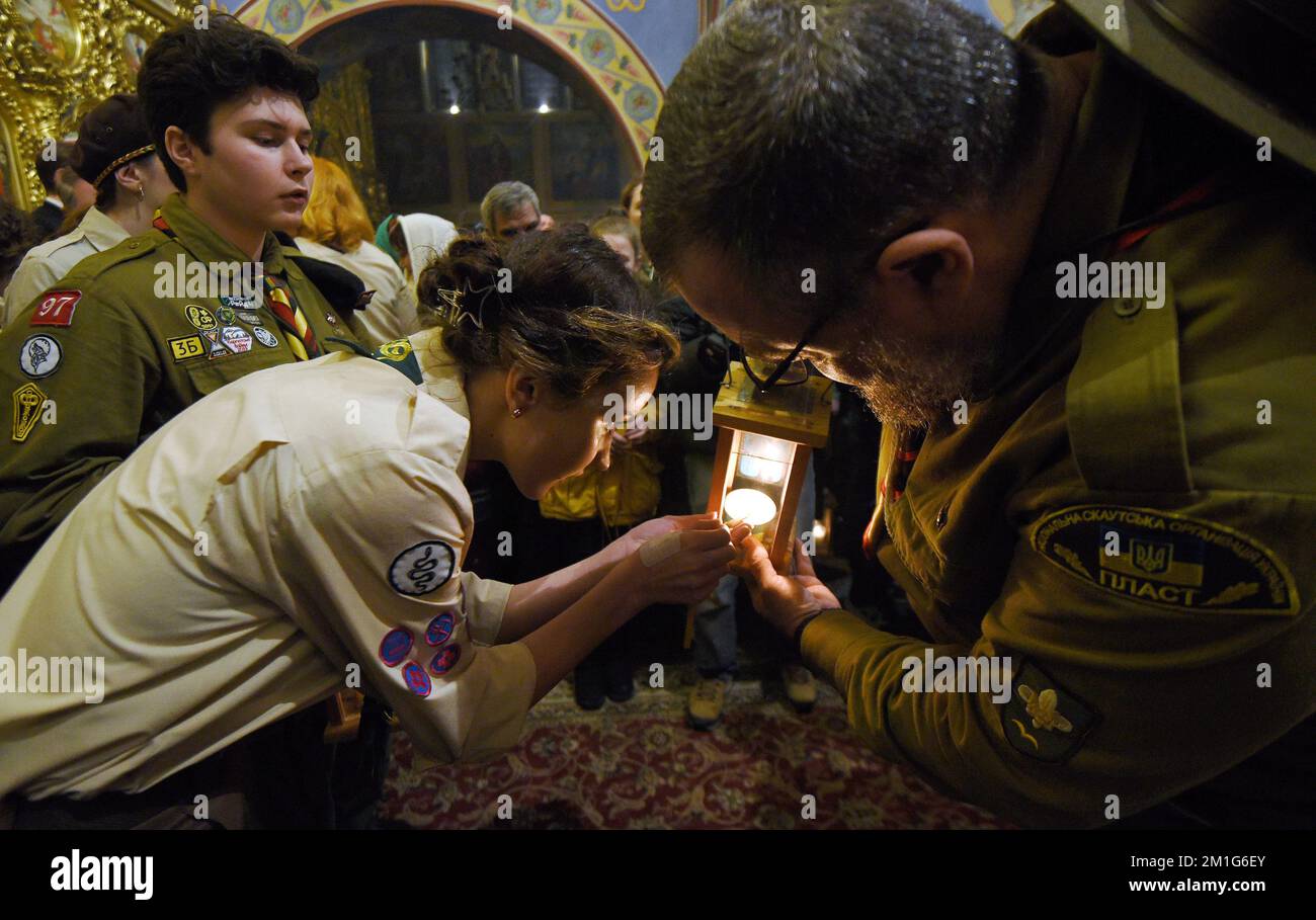 KYIV, UKRAINE - DECEMBER 11, 2022 - Members of the Plast National Scout ...