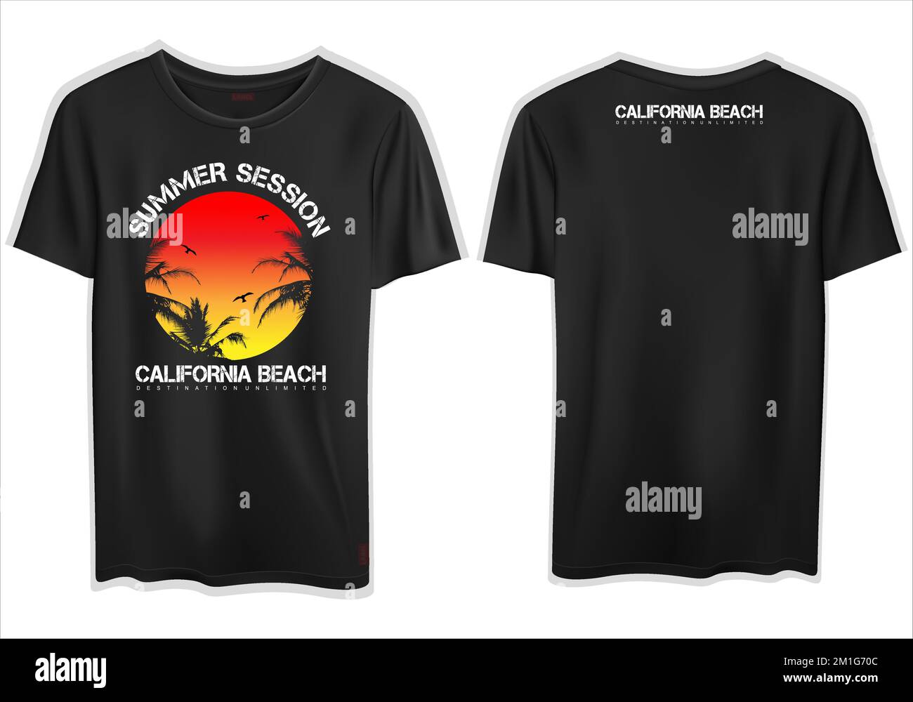 A mockup design on a black t-shirt with two sides isolated on a white ...