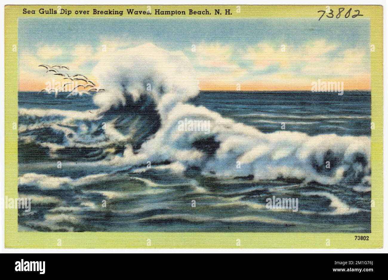 Sea Gulls dip over breaking waves, Hampton Beach, N.H. , Seas, Tichnor ...