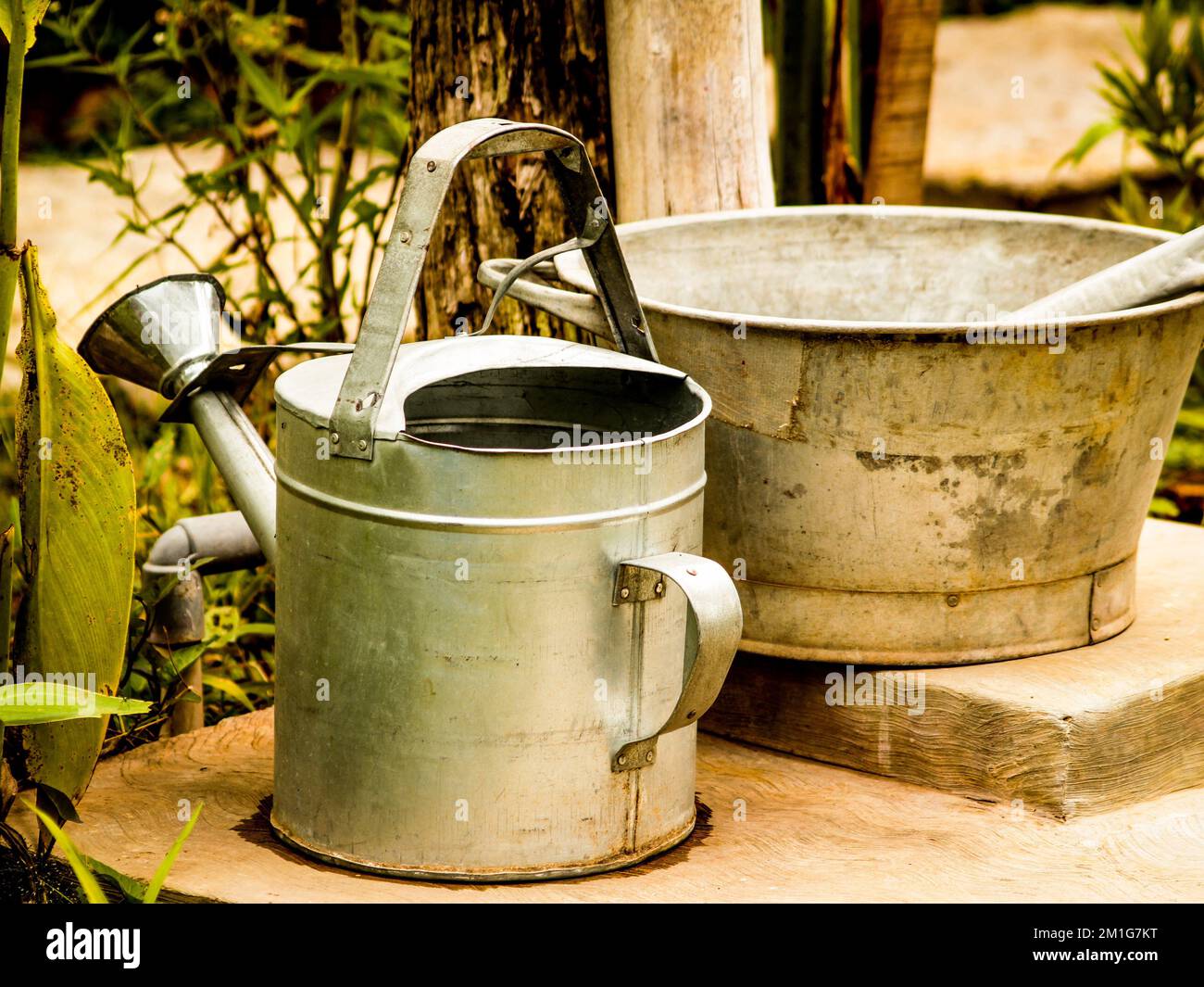 A close-up shot of a garden watering can and a steel bowl Stock Photo ...