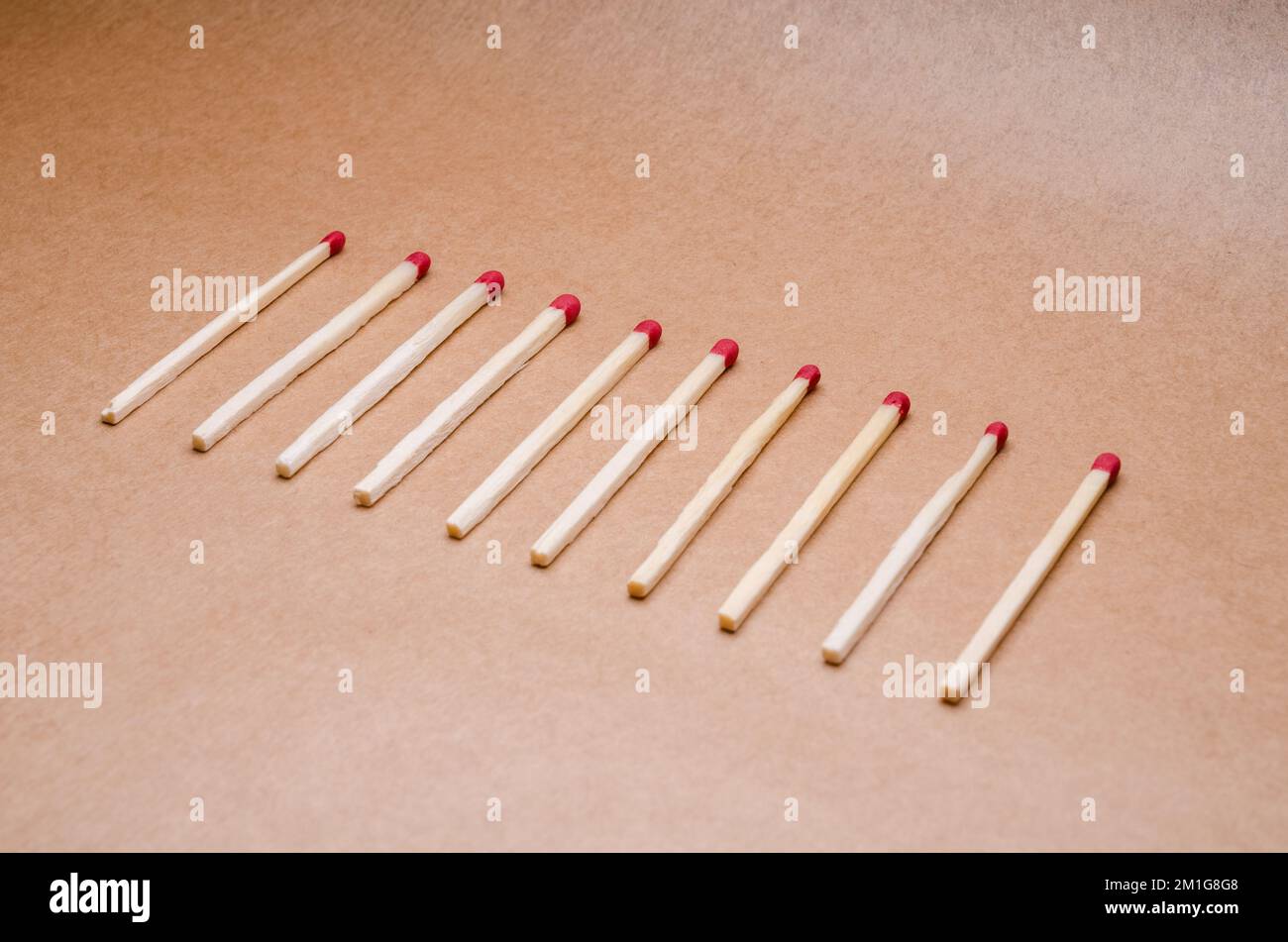 New unlit wooden matchsticks orderly aligned on natural brown ...