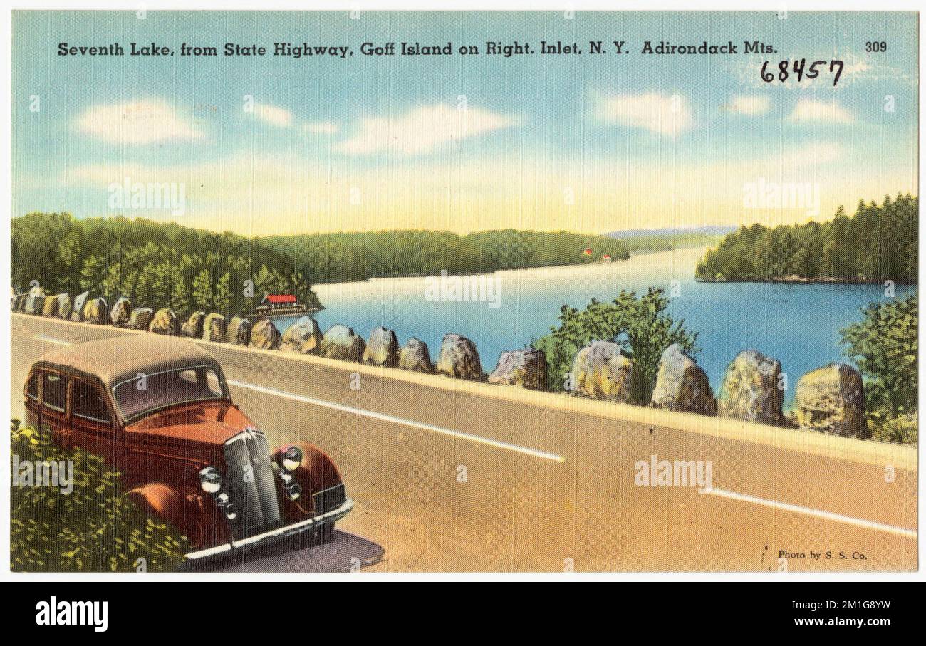 Seventh Lake, from state highway, Goff Island on right. Inlet, N. Y ...