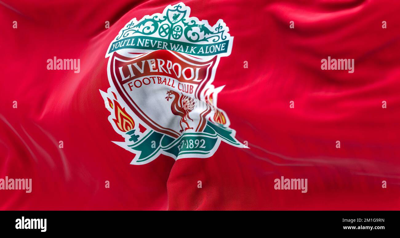 Liverpool, UK, May 2022: Liverpool Football Club flag waving. Liverpool ...