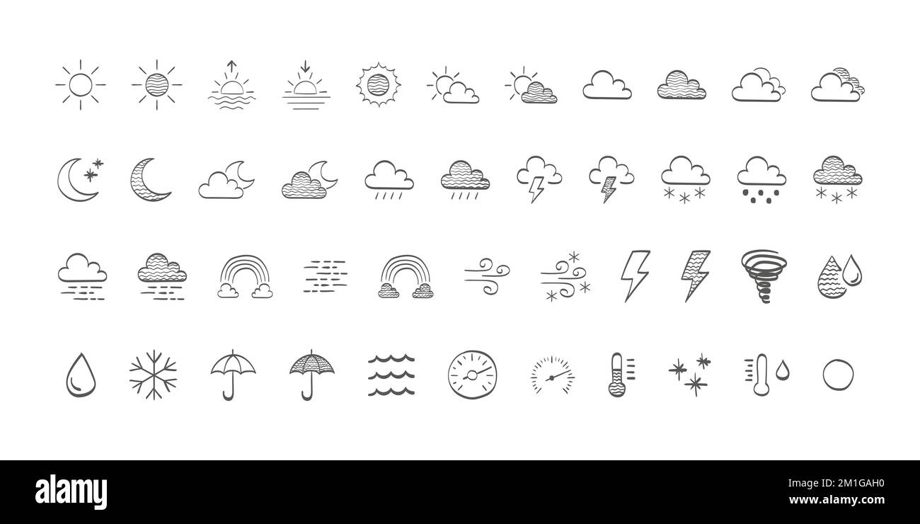Weather and meteorology icons. Drawn weathers icons. Weather icons sun and clouds in sky, rain ...
