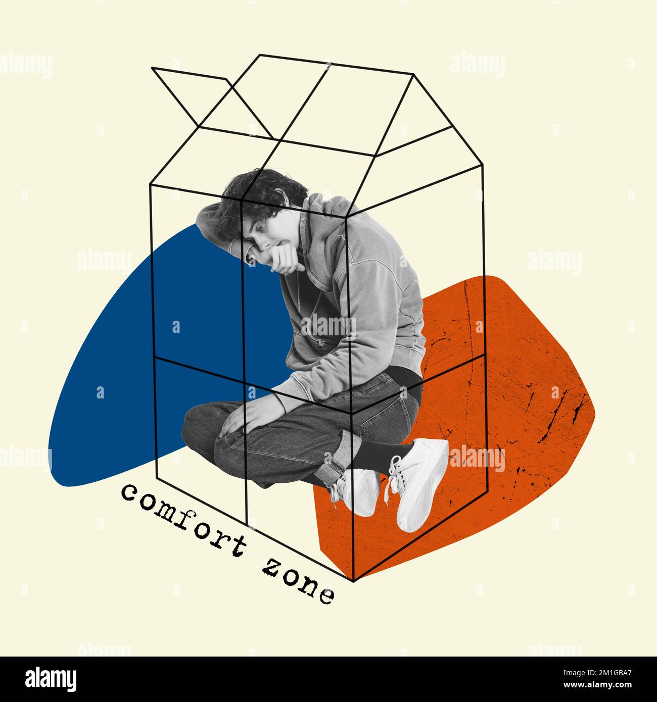 Contemporary art collage. Conceptual design. Open cage. Young man ...