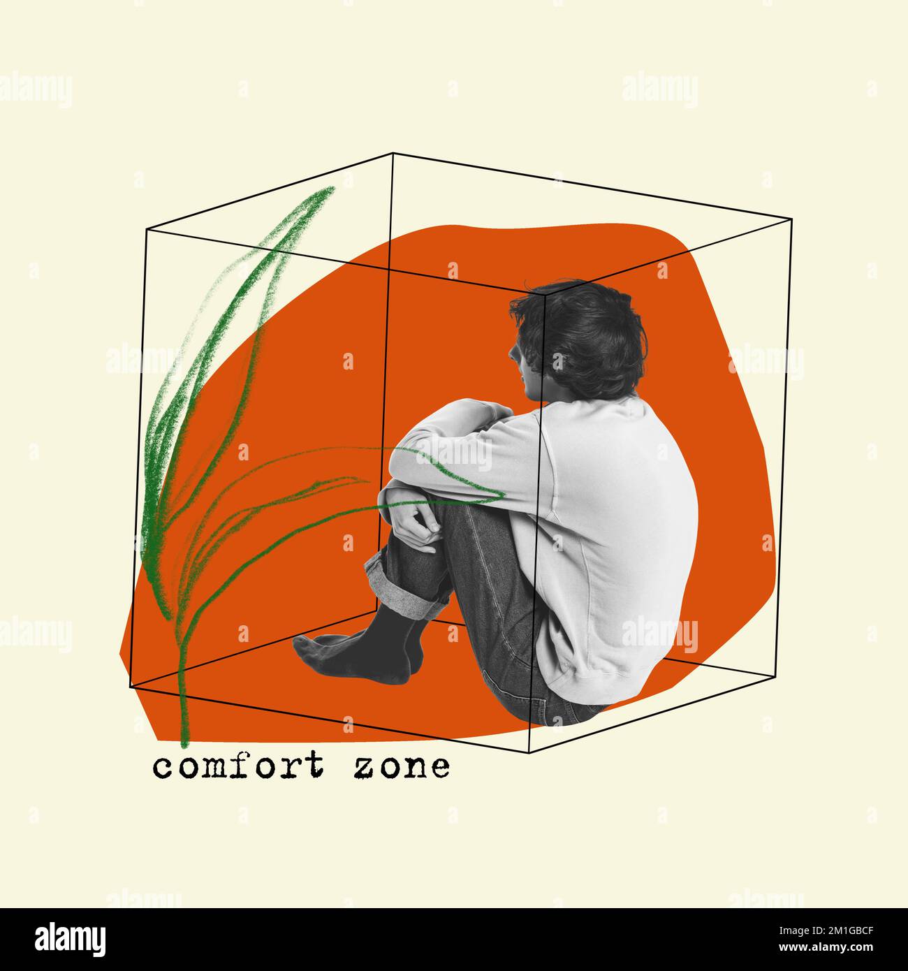 Contemporary art collage. Conceptual design. Sad, desperate young boy ...