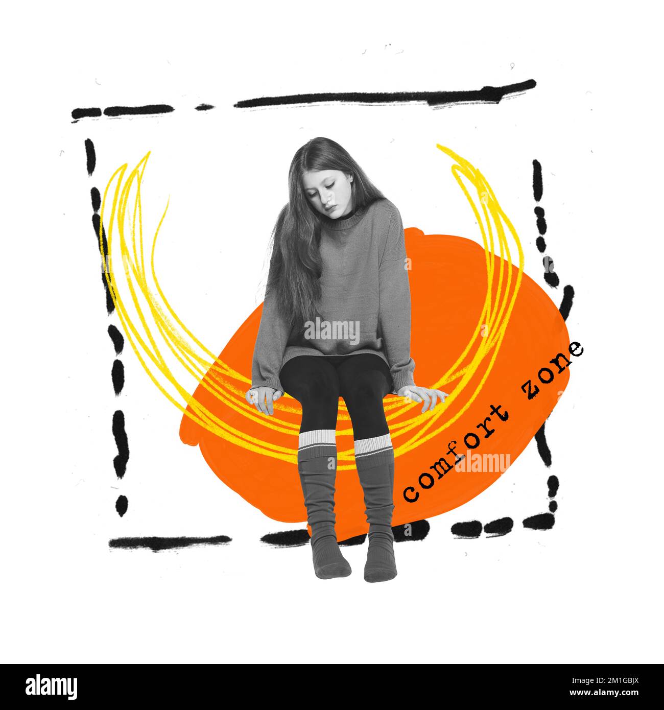 Contemporary art collage. Conceptual design. Young girl feeling lonely ...