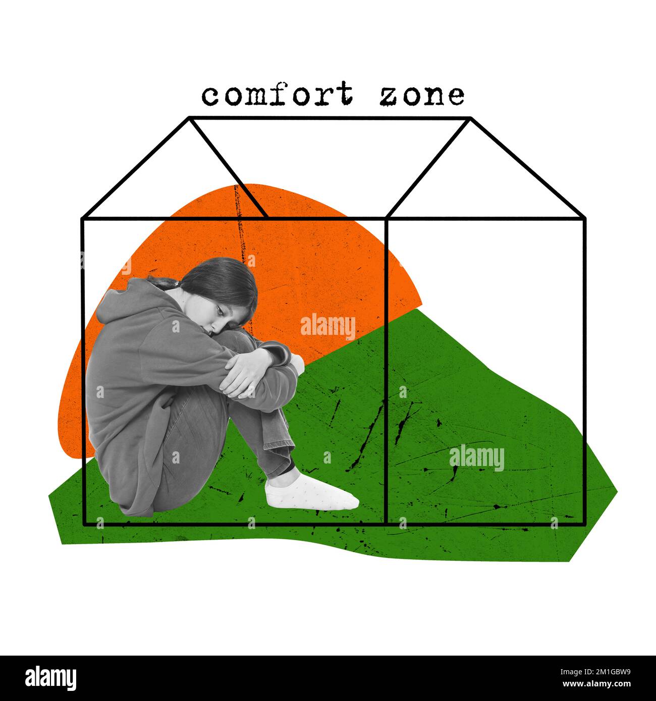 Contemporary art collage. Conceptual design. Lonely young girl sitting ...